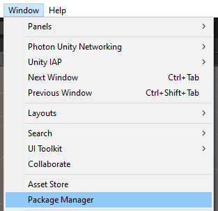 Menü des Unity-Paketmanagers
