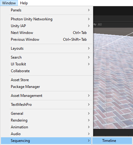 Zeitleistenmenü für die Unity-Fenstersequenzierung
